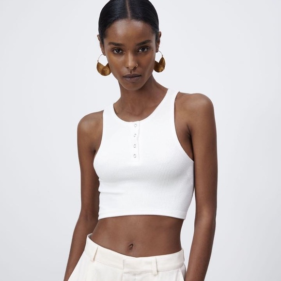 Zara | Tops | Zara Ribbed White Tank Crop Top With Snap Buttons | Poshmark